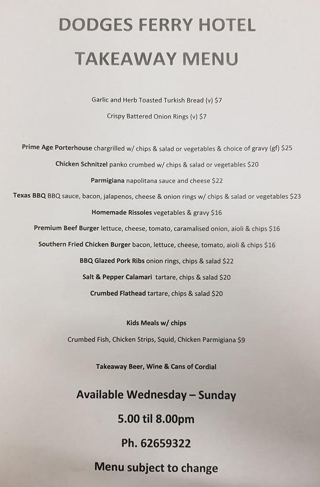 Menu at Dodges Ferry Cafe & Bar, Dodges Ferry