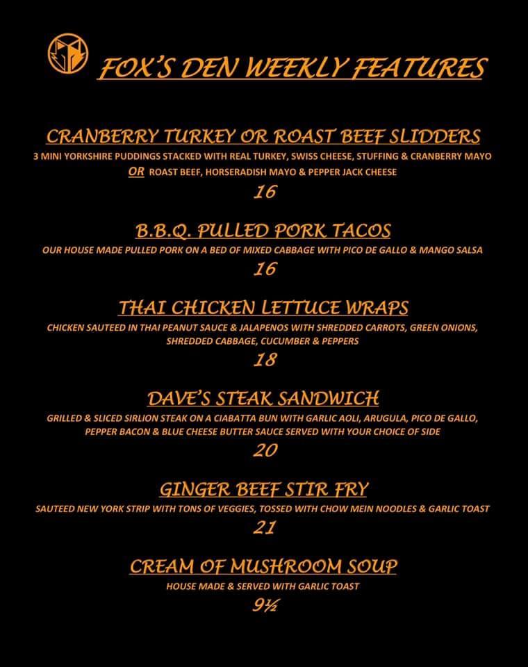Menu at Fox's Den Bar & Grill, Williams Lake