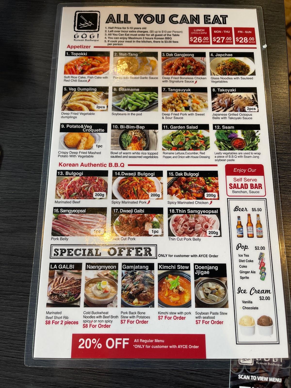 Carta de GOGI Korean BBQ, Calgary