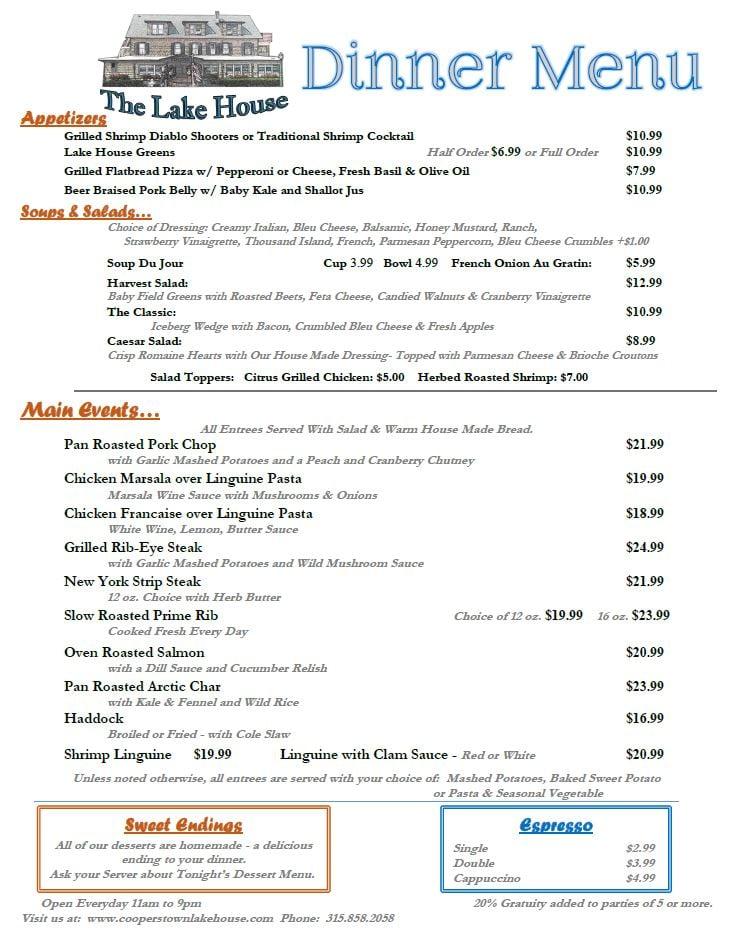 Menu at Lake House Restaurant, Richfield Springs, Co Hwy 22