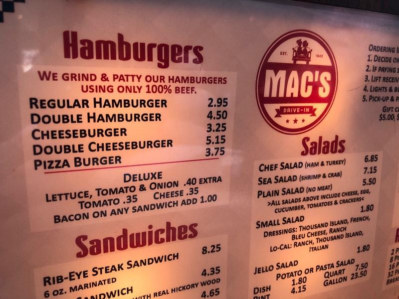 Menu at Mac's Drive-In restaurant, McCook