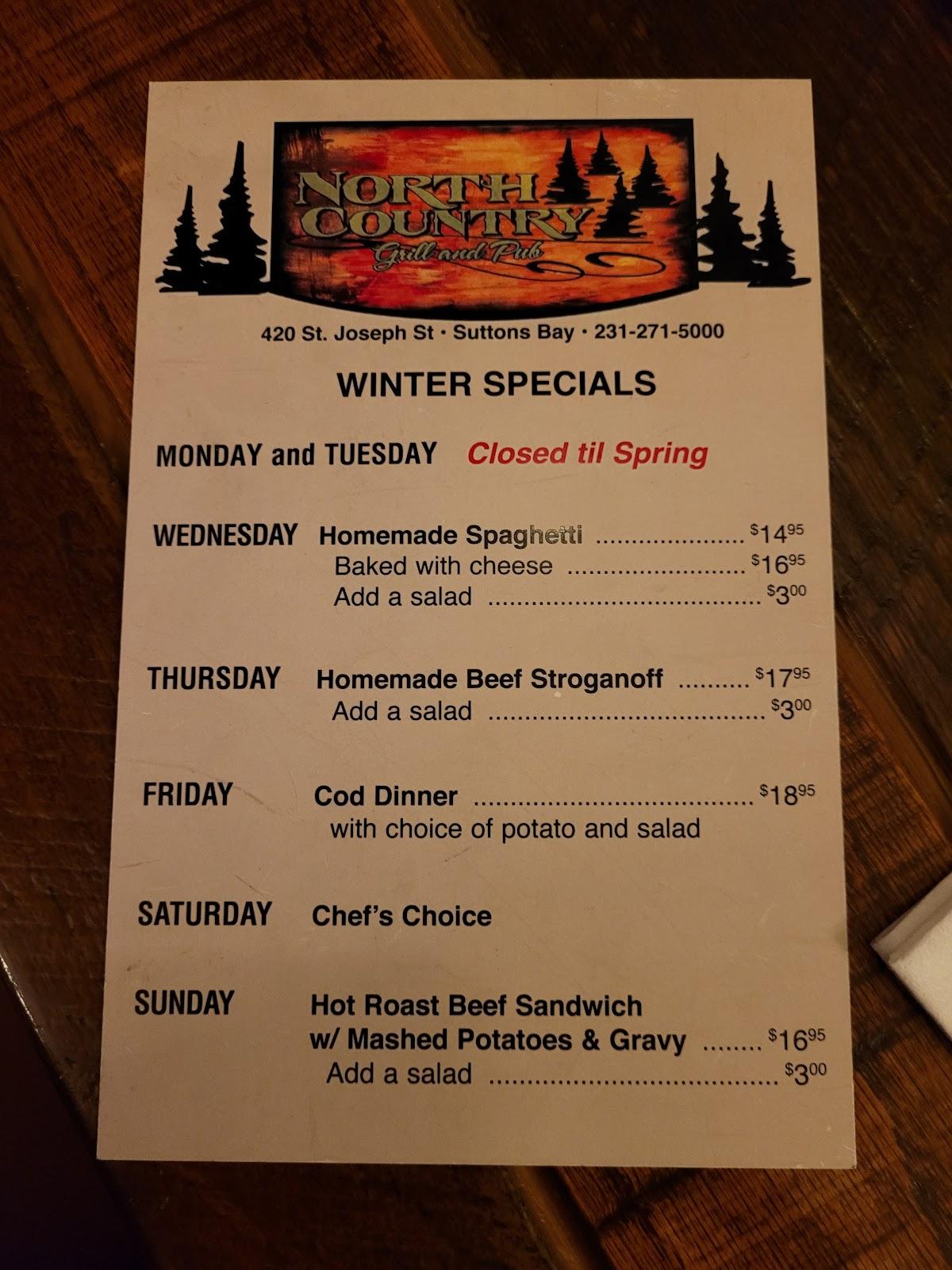 Menu at North Country Kitchen and Bar, Suttons Bay