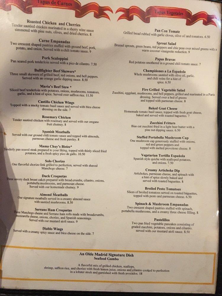 Menu at Olde Madrid restaurant, Racine