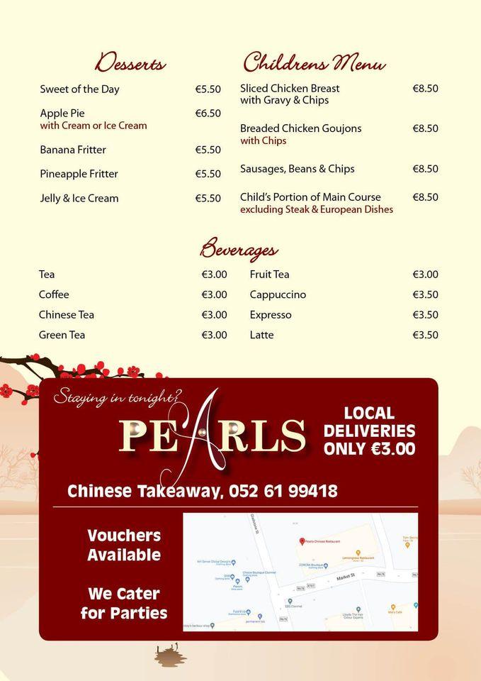 Menu at Pearls Chinese Restaurant, Clonmel