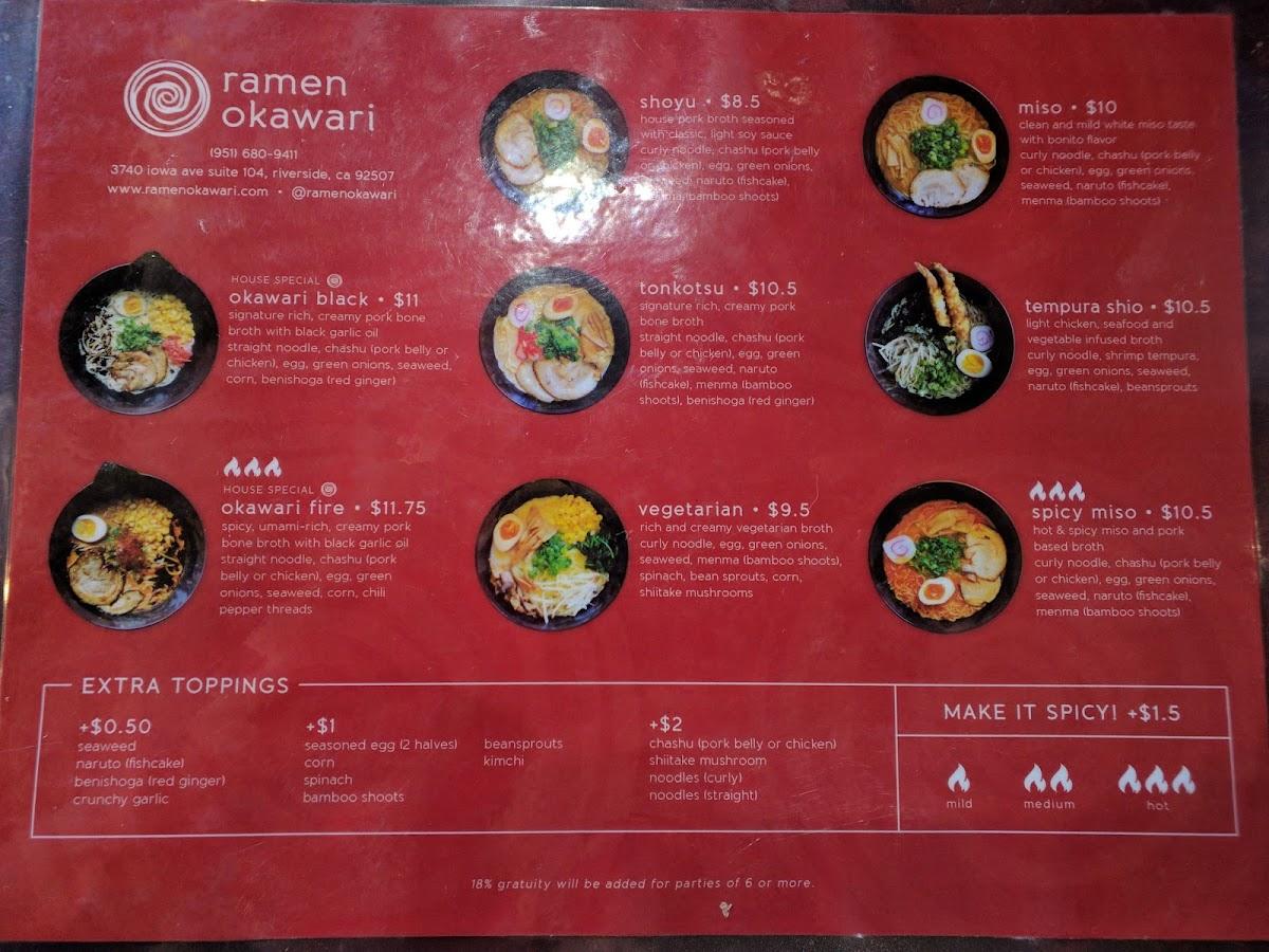 Menu at Ramen Okawari restaurant, Riverside