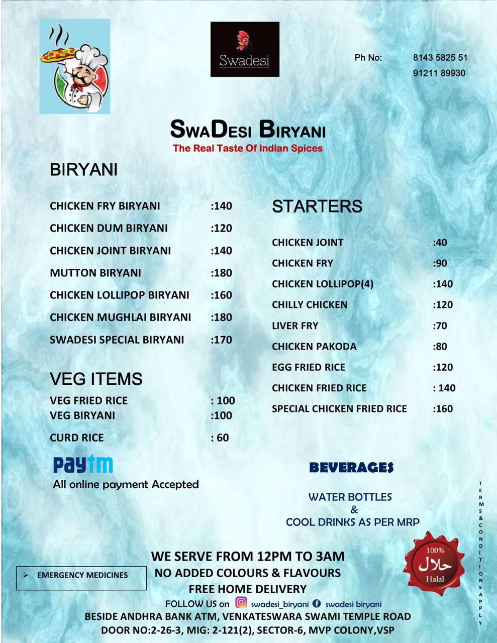 Menu at SwaDesi Biryani, Visakhapatnam, 2-26-3