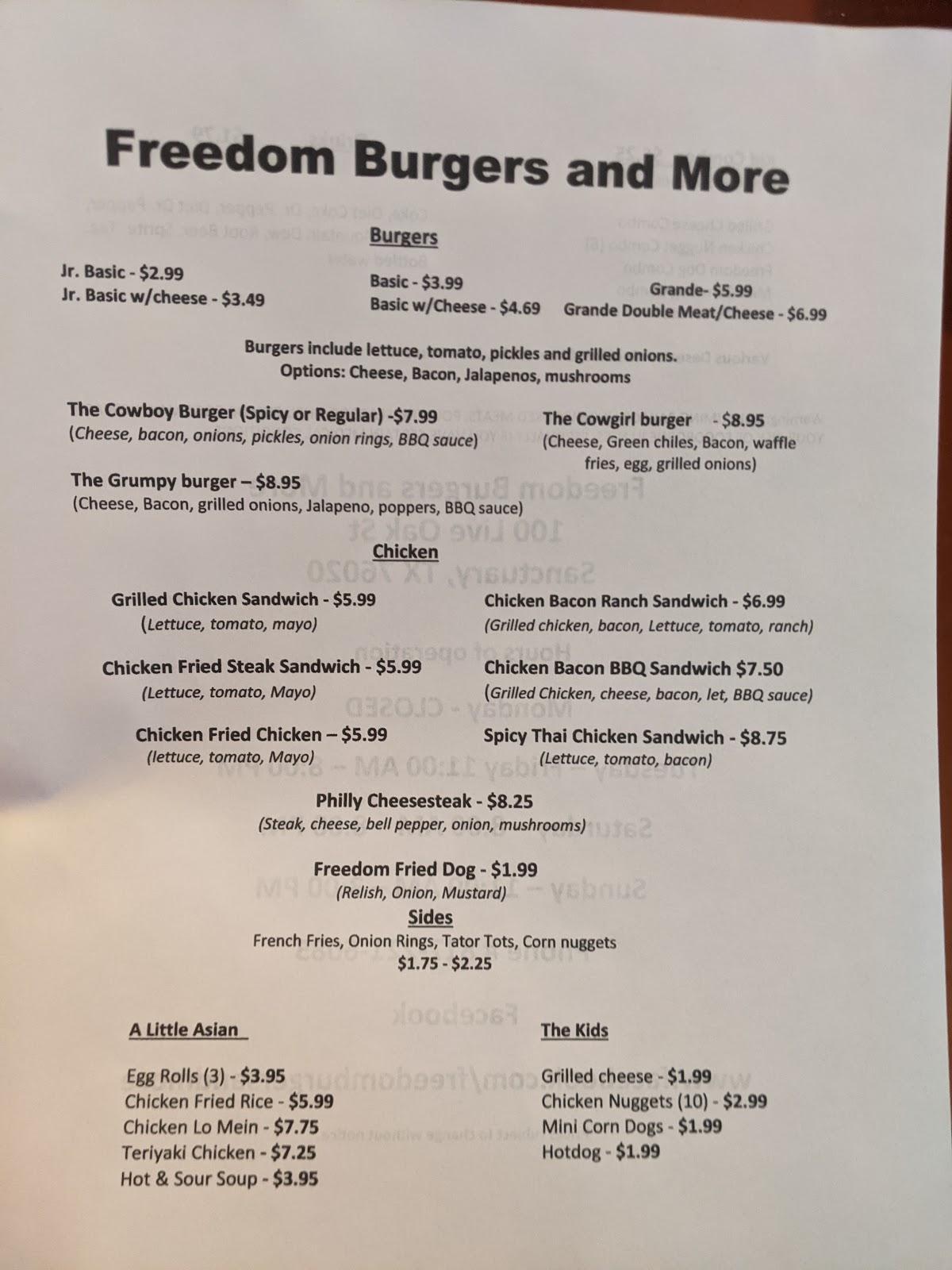 Menu at Freedom burgers & more restaurant, Sanctuary
