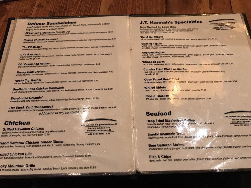 Menu at JT Hannah's Kitchen pub & bar, Pigeon Forge