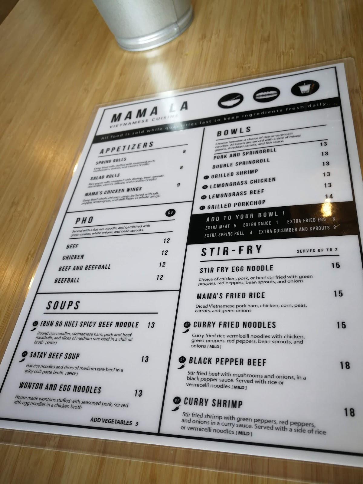 Menu at MAMA LA Vietnamese Cuisine restaurant, Lethbridge