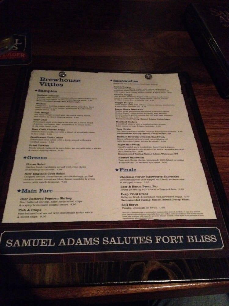 Menu at Samuel Adams Brewhouse pub & bar, Fort Bliss