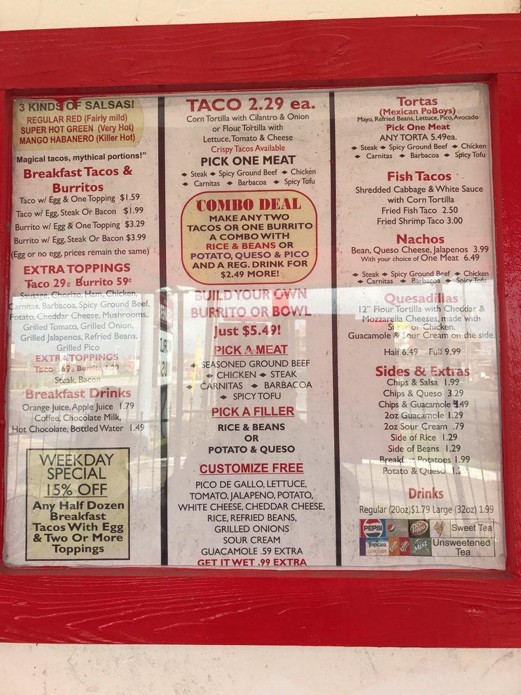 Menu at Tornado Taco restaurant, Missouri City, FM 1092 Rd