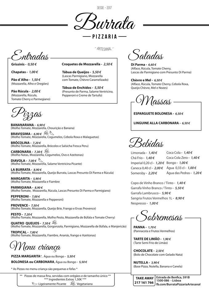 Menu at Burrata restaurant, Lisbon