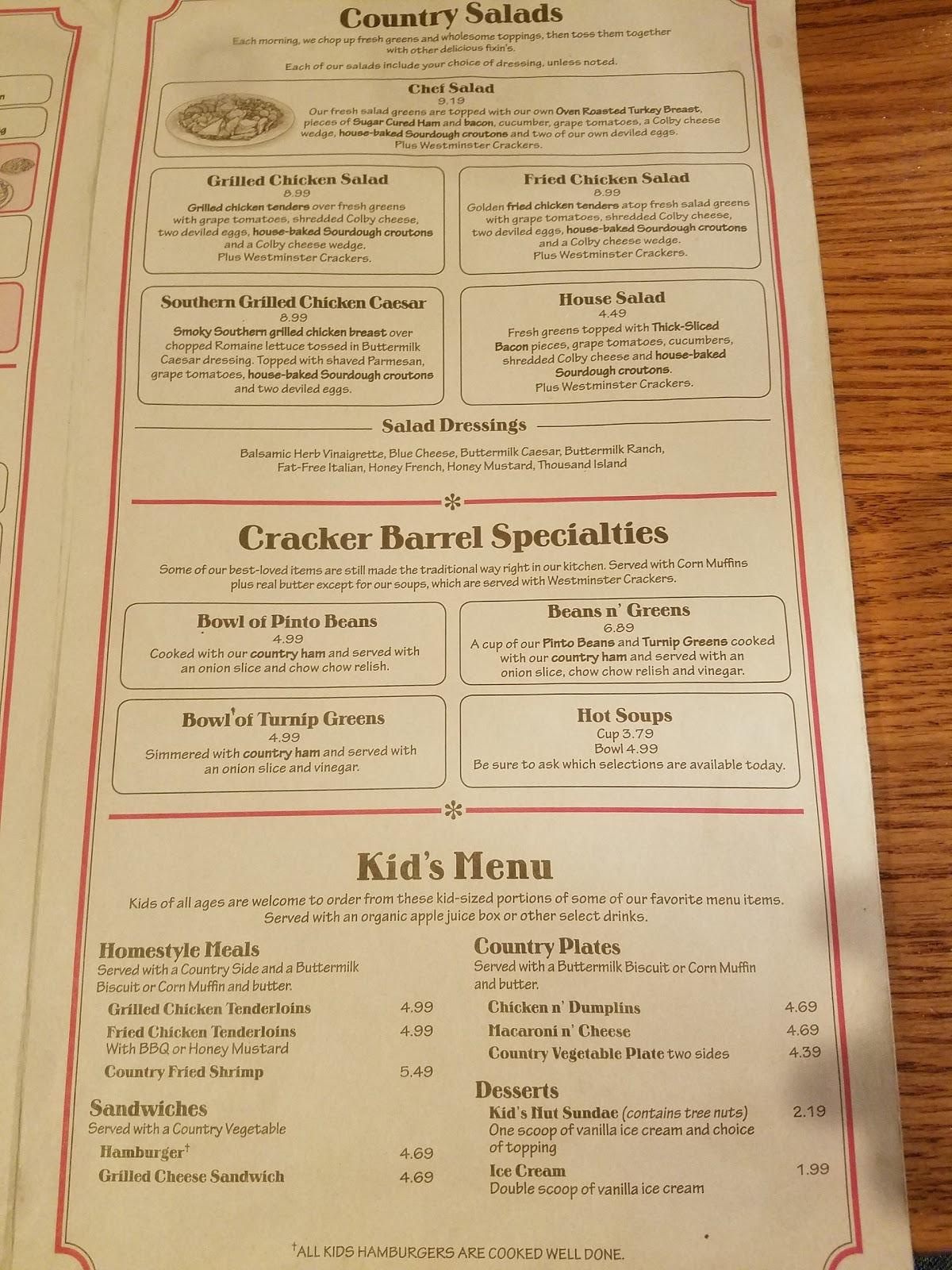 Menu at Cracker Barrel Old Country Store, Bessemer