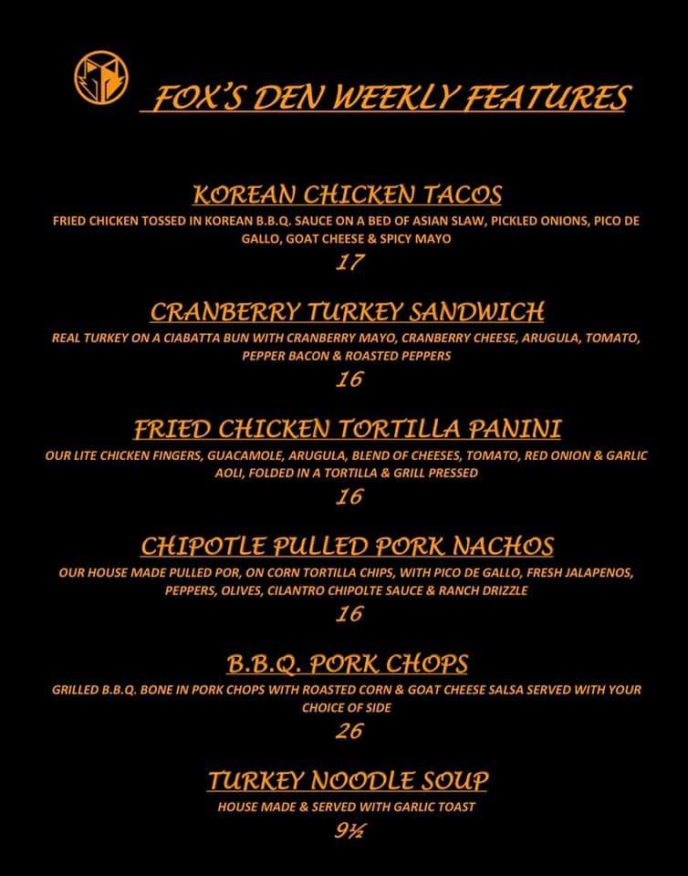 Menu at Fox's Den Bar & Grill, Williams Lake