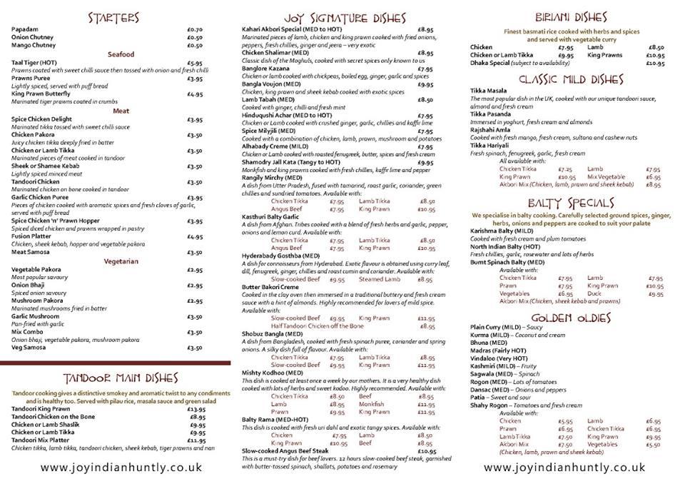 Menu at Joy Indian Takeaway, Huntly, 48 Gordon Street