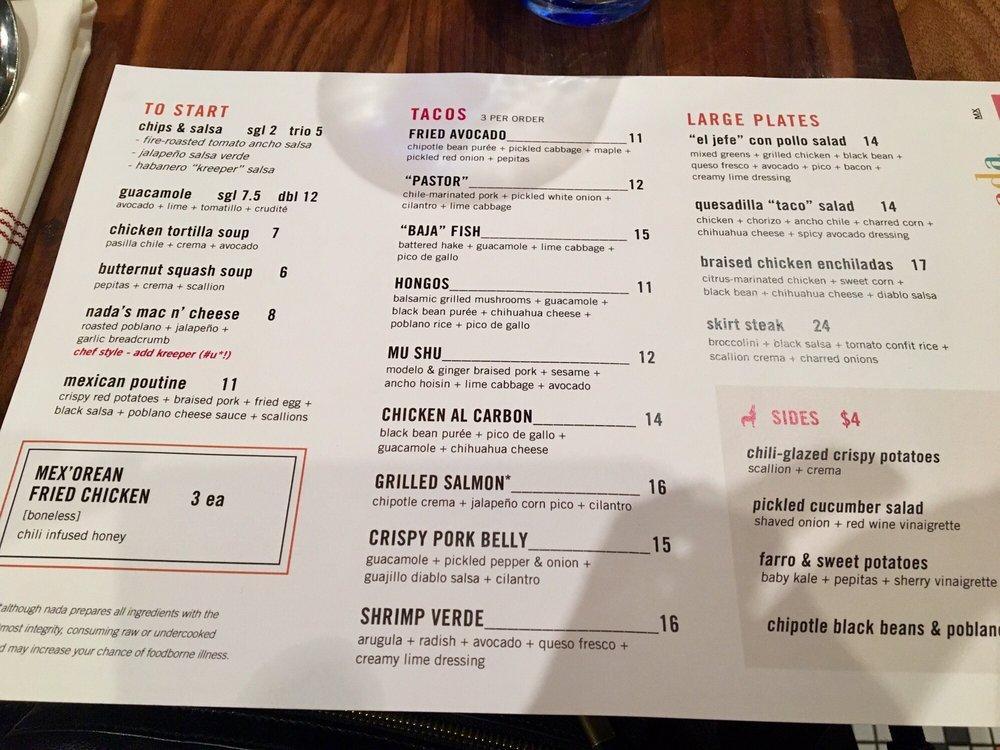 Menu at Nada pub & bar, Indianapolis