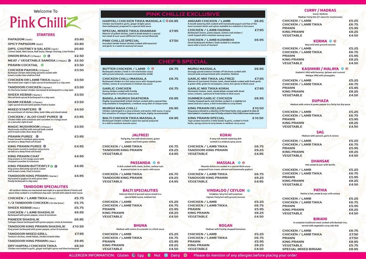Menu at Pink Chilliz restaurant, Canvey Island, 354 Long Rd