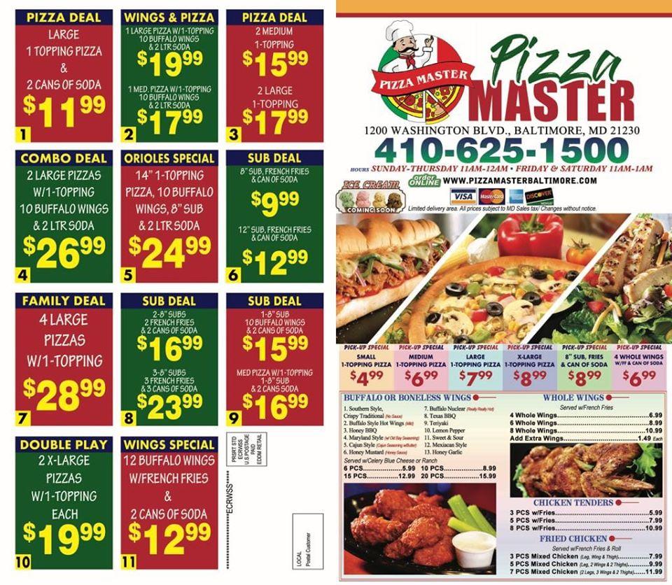 Menu at Pizza Master pizzeria, Baltimore
