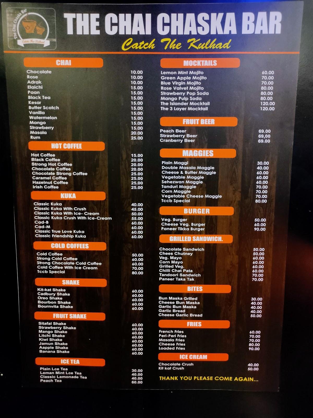Menu at THE CHAI CHASKA BAR, Pune
