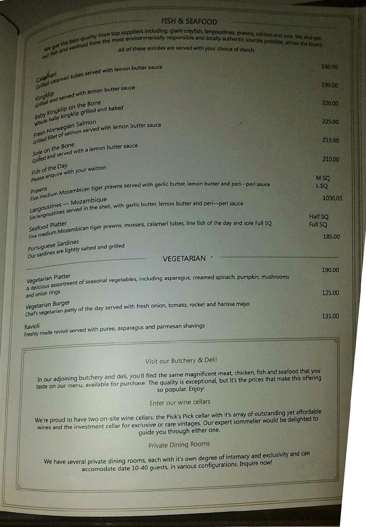 Menu at The Butcher Shop & Grill steakhouse, Cape Town, 125 Beach Rd