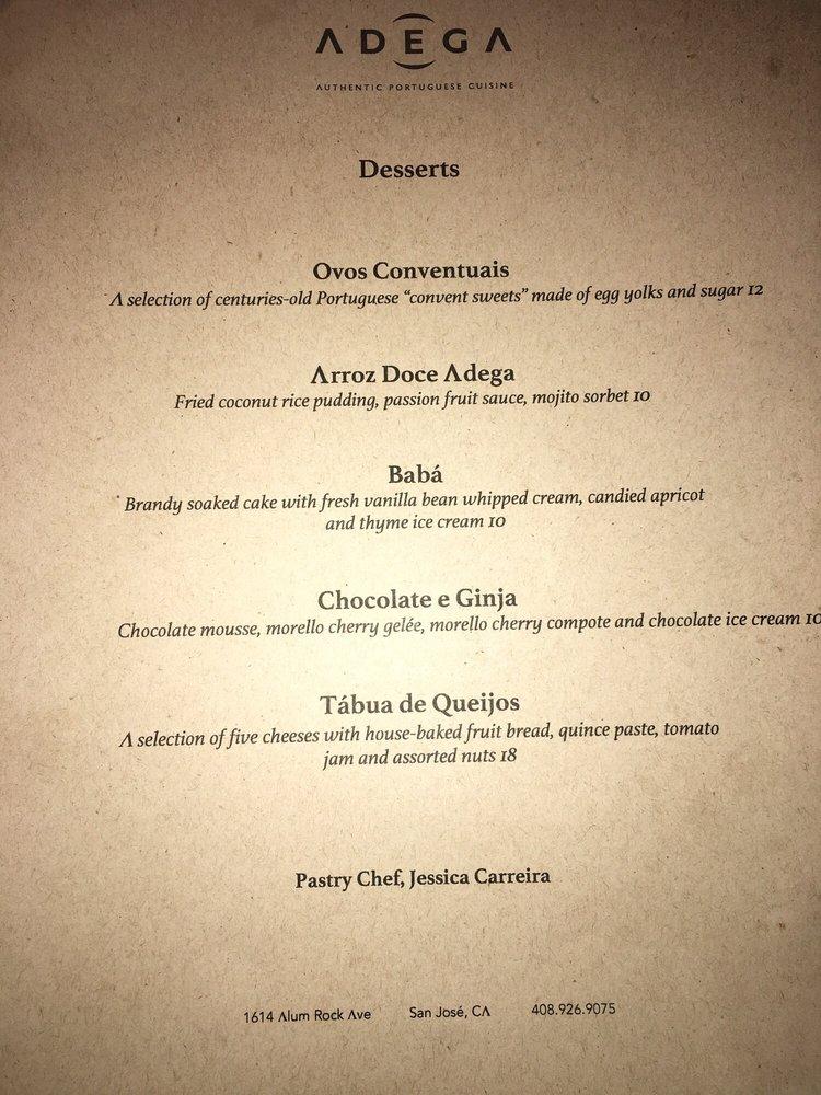 Menu at ADEGA restaurant, San Jose, 1614 Alum Rock Ave