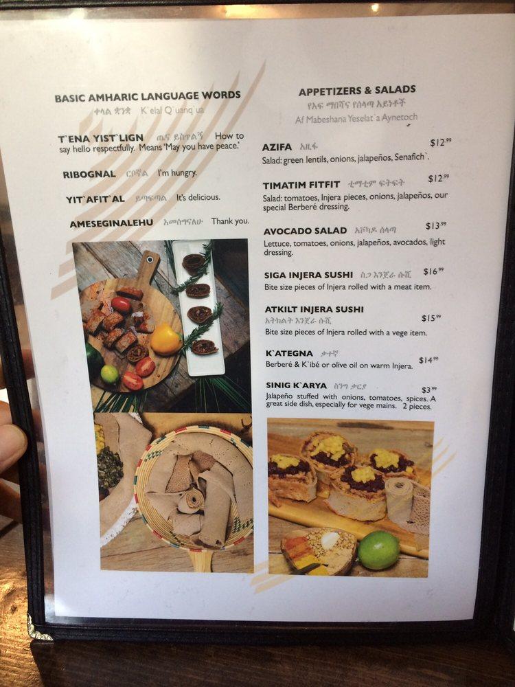 Menu at Abyssinia Restaurant - Ethiopian & Eritrean Cuisine, Calgary