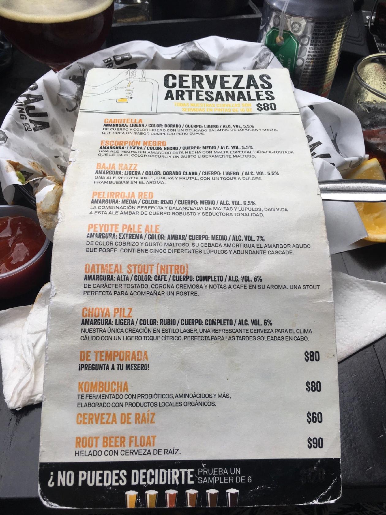 Menu at Baja Brewing Company pub & bar, San José del Cabo