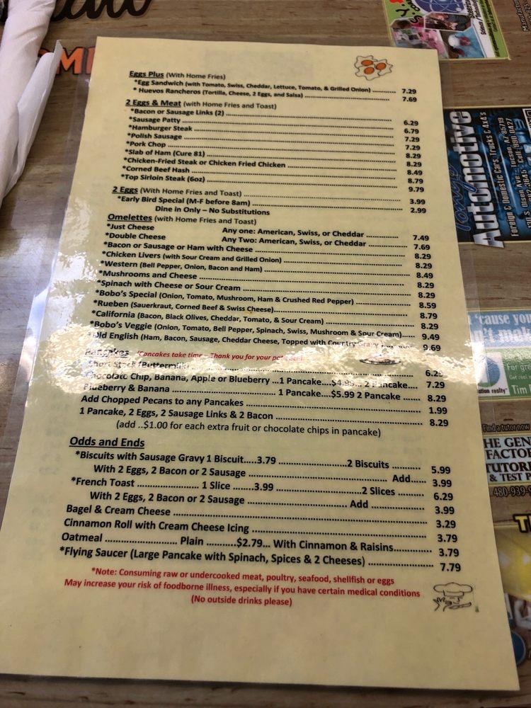 Menu at Bobo's Restaurant, Tucson