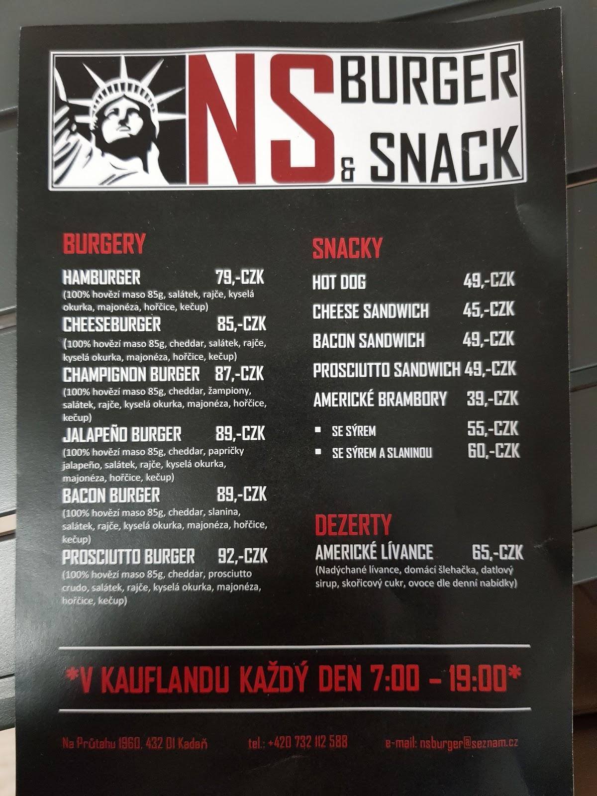 Menu at NS Burger & Snack restaurant, Kadaň