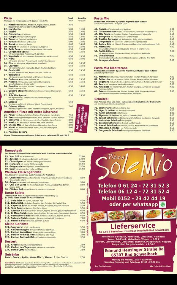 Speisekarte von Pizza Sole Mio, Bad Schwalbach