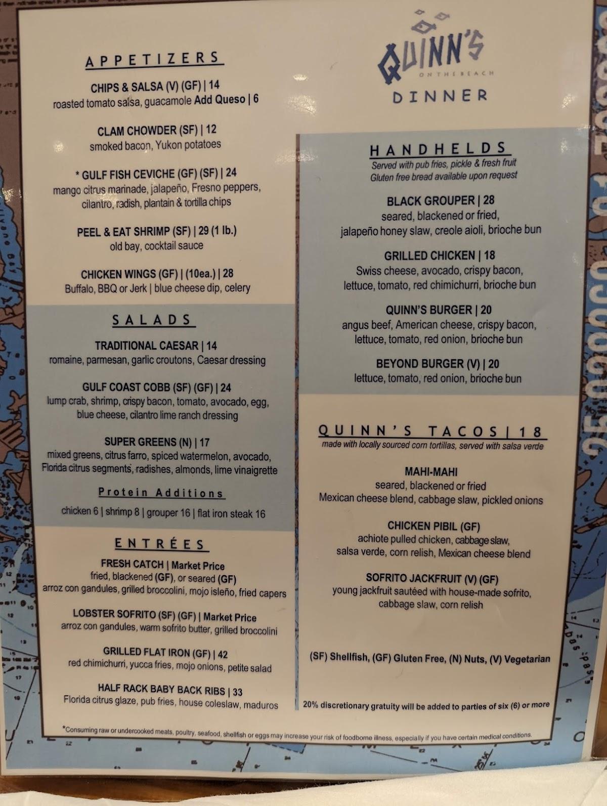 Menu at Quinn's on the Beach steakhouse, Marco Island