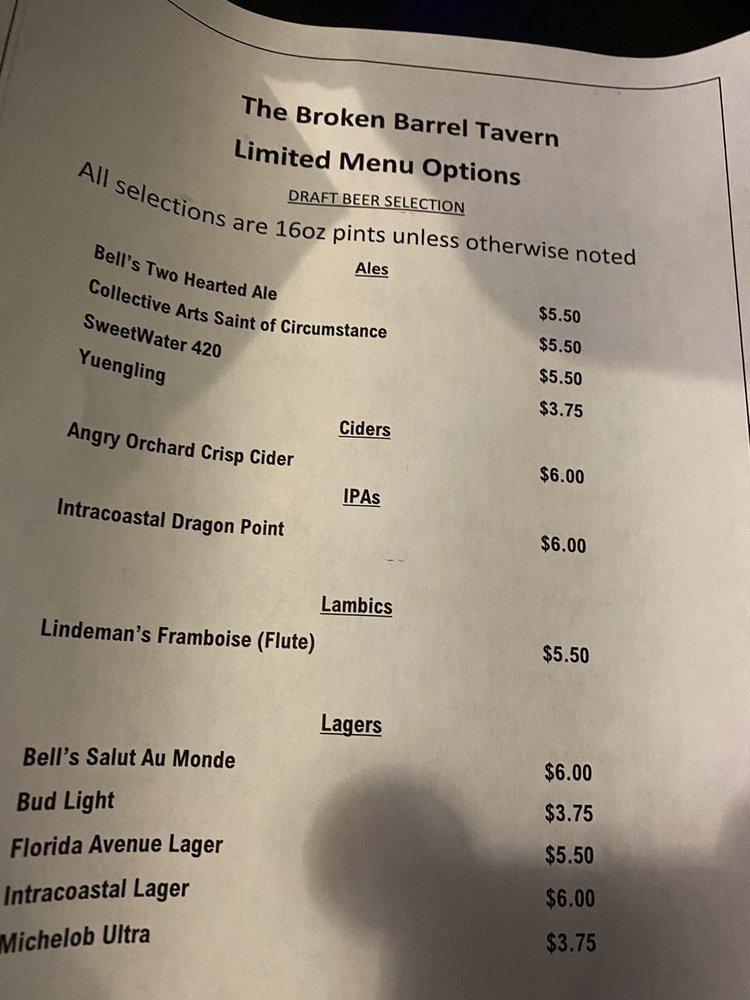 Menu at The Broken Barrel Tavern, Palm Bay
