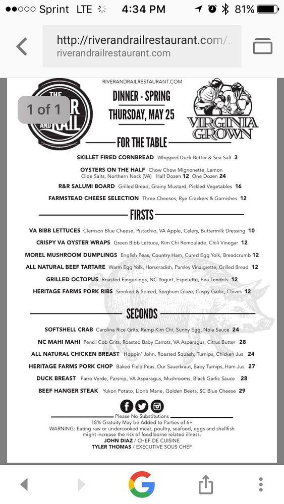 Menu at The River and Rail Restaurant, Roanoke