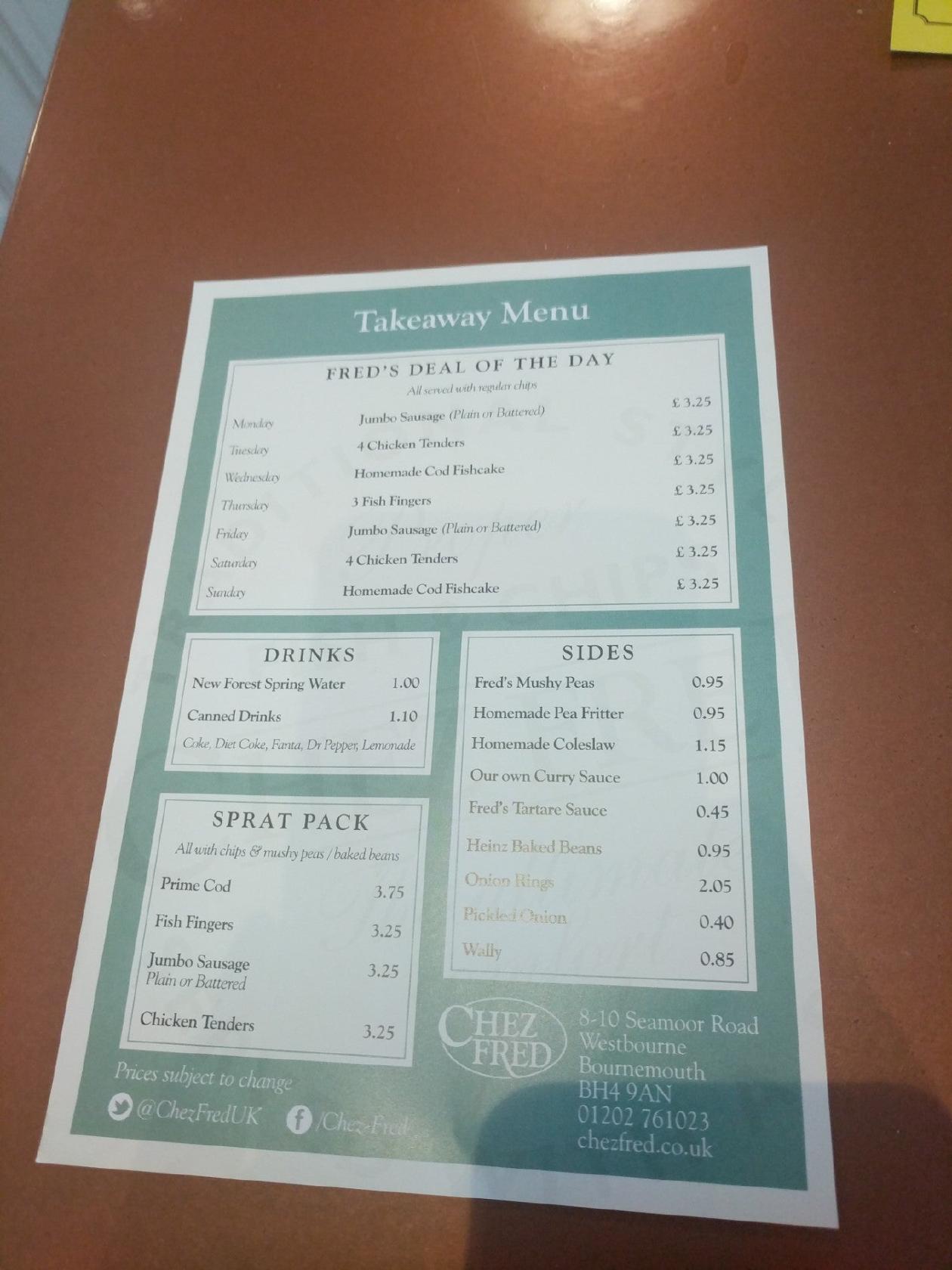 Menu at Chez Fred restaurant, Bournemouth