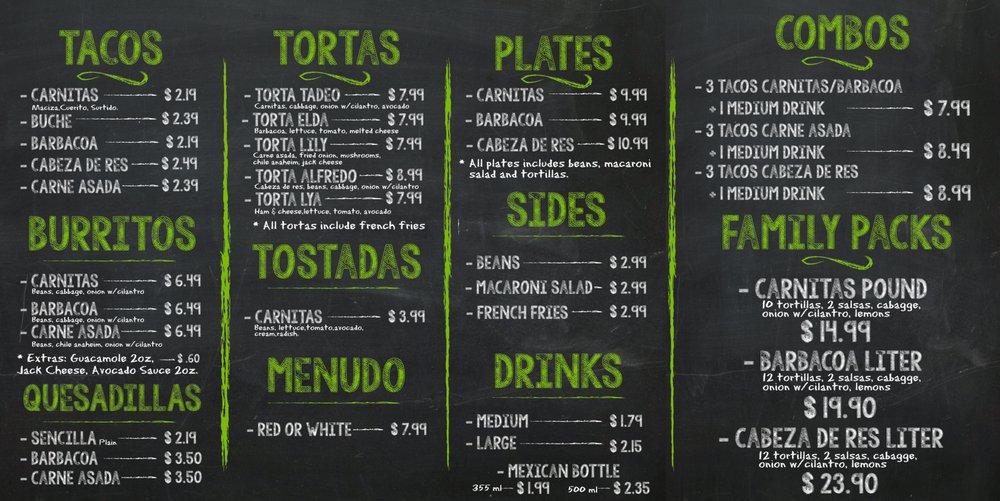 Menu at Cilantros La Taqueria restaurant, El Centro