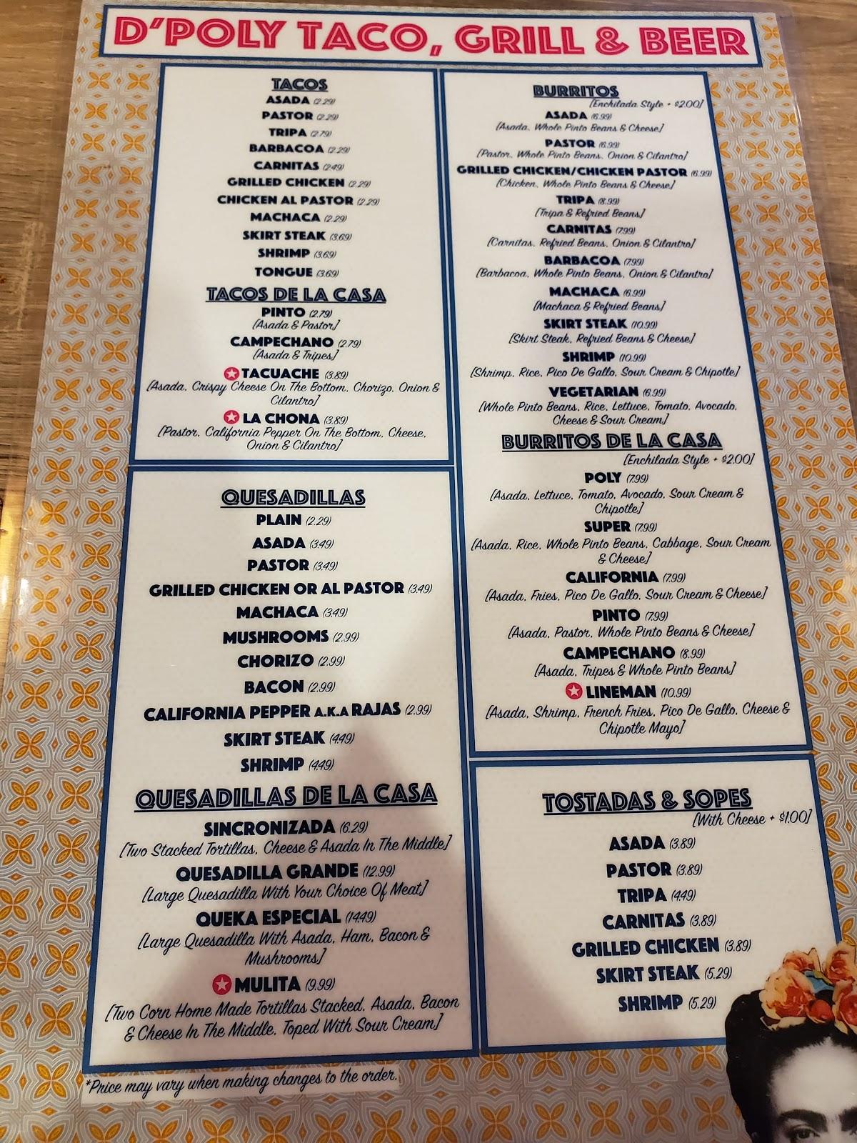 Menu at D'Poly Taco, Grill & Beer pub & bar, El Centro