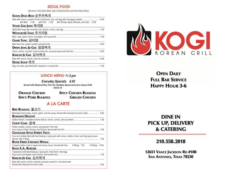 Menu at Kogi Korean Grill restaurant, San Antonio