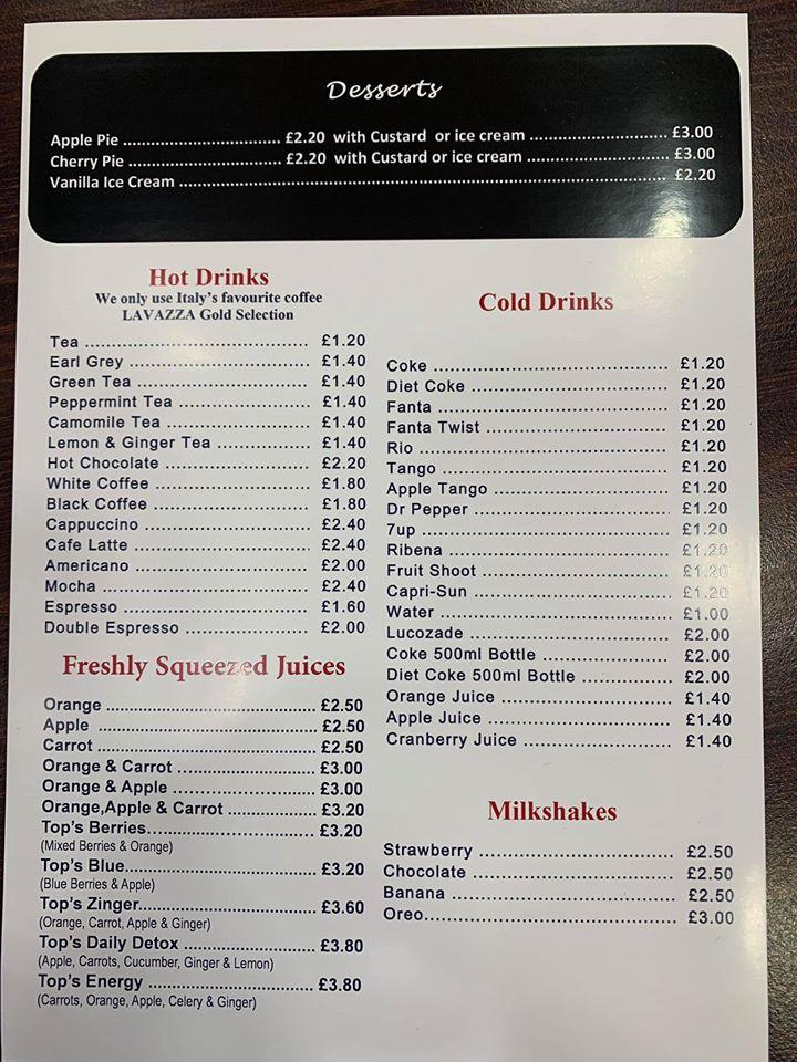 Menu at Top’s Cafe, Hornchurch