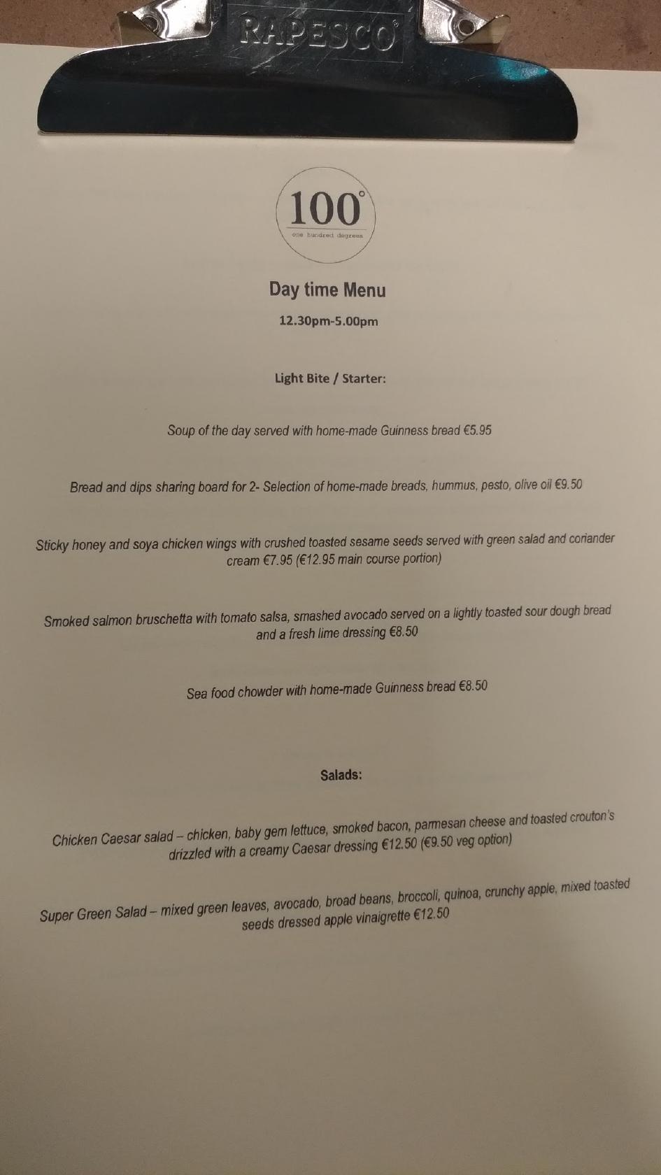 Menu at 100° One Hundred Degrees restaurant, Gorey