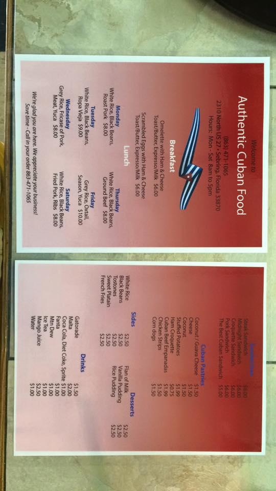 Menu at Authentic Cuban Food restaurant, Sebring