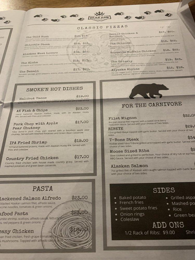 Menu at Bear Paw Bar & Grill, Anchorage