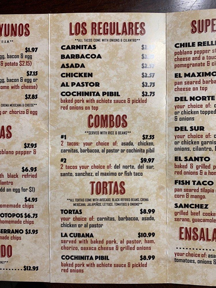 Menu at Del Sur Tacos restaurant, Dallas, 720 E Jefferson Blvd