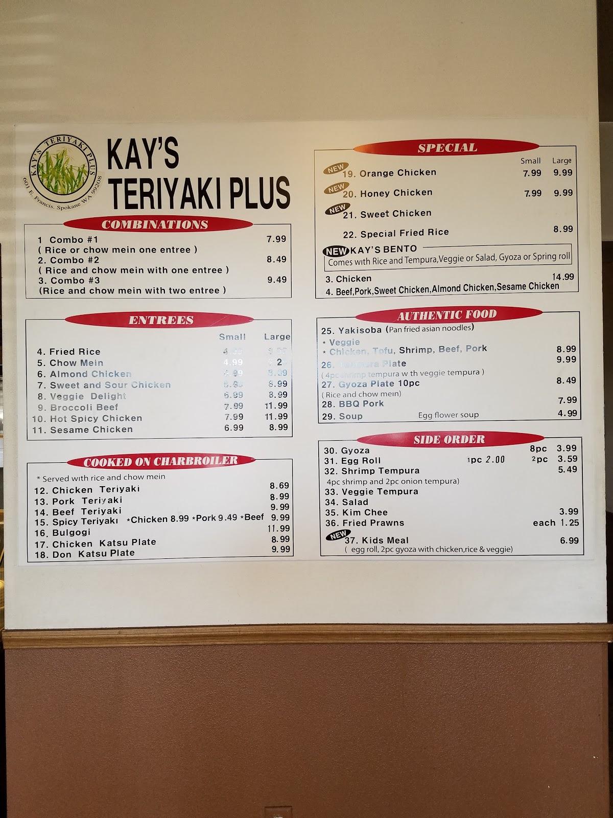 Menu at Kay's Teriyaki Plus restaurant, Spokane