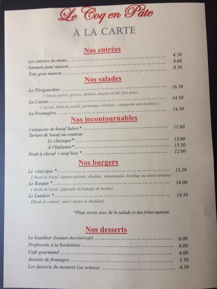 Menu au Le Coq En Pâte restaurant, Pessac