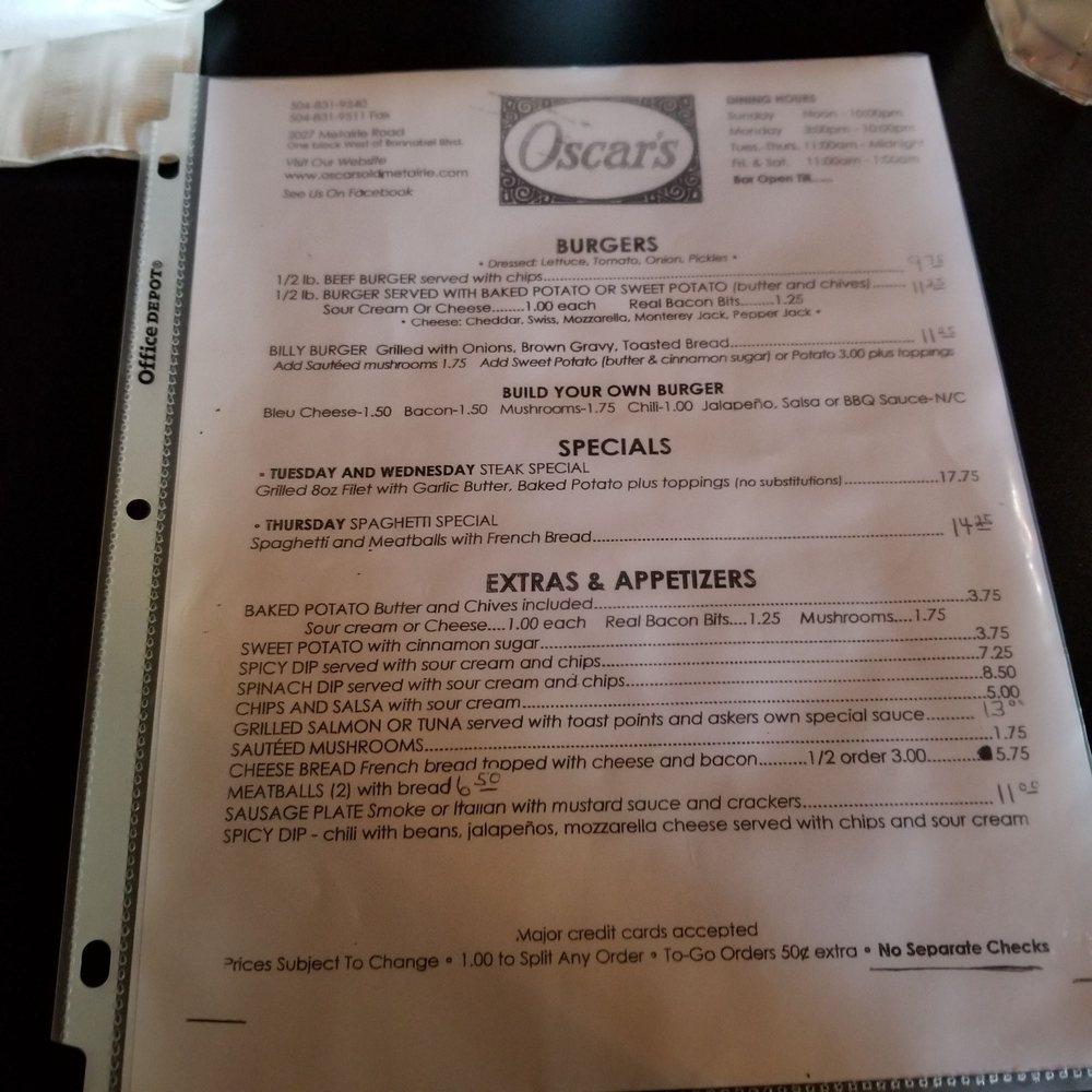 Menu at Oscar's pub & bar, Metairie