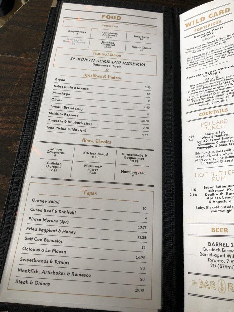 Menu at Bar Raval, Toronto, 505 College St
