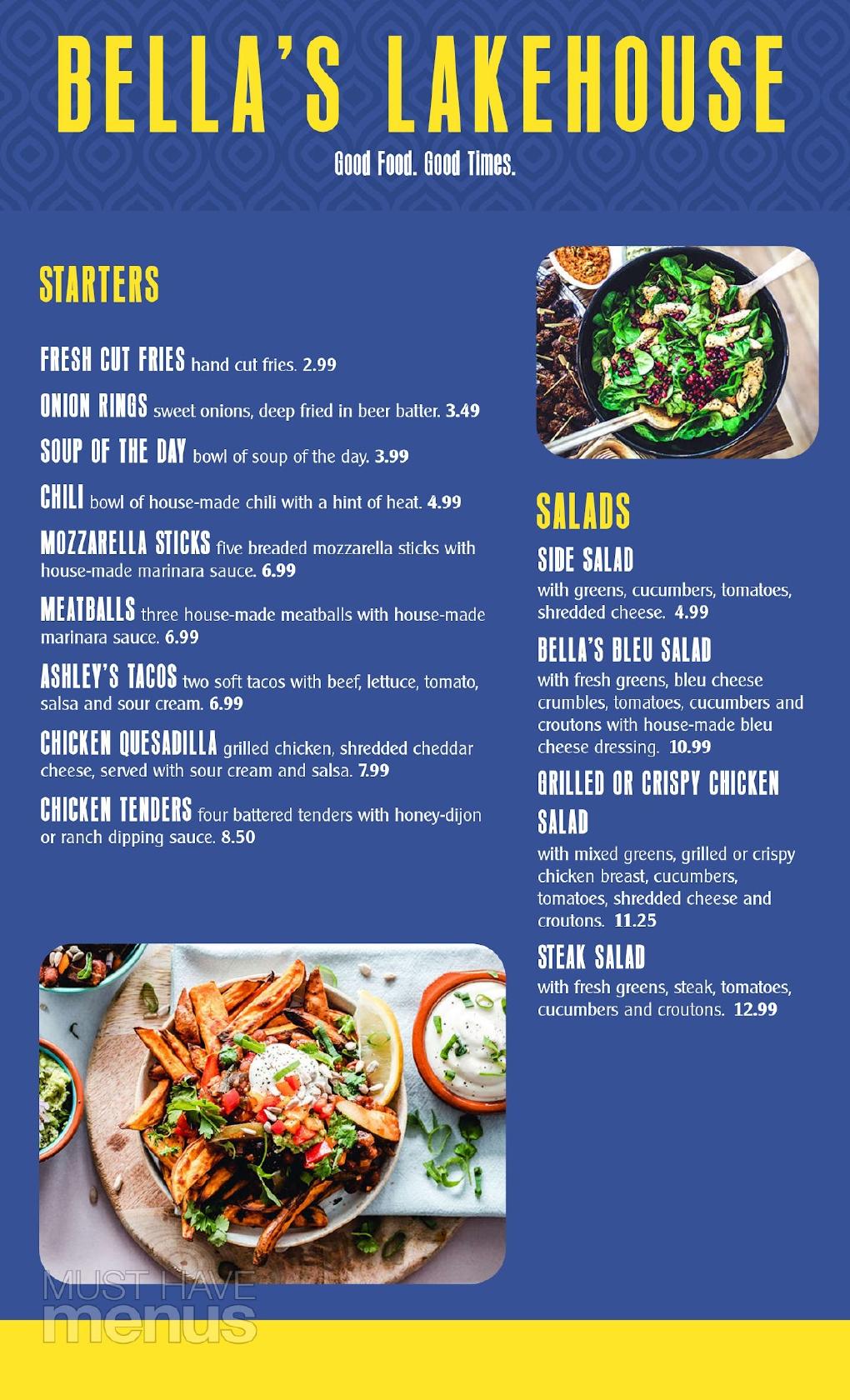 Menu at Bella's Lakehouse restaurant, Andover