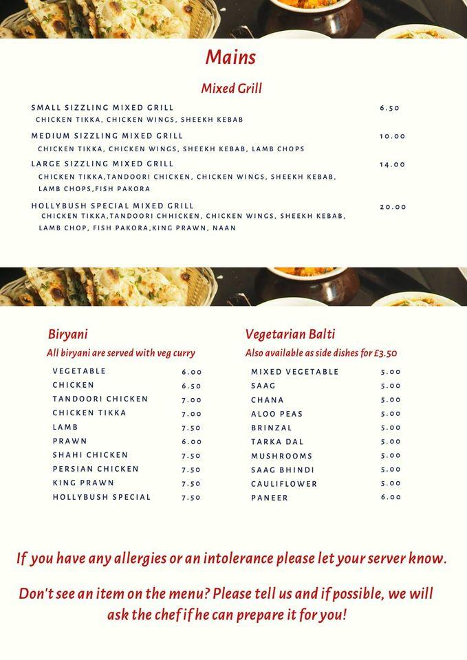 Menu at Hollybush pub & bar, Coventry, 270 Holbrook Ln