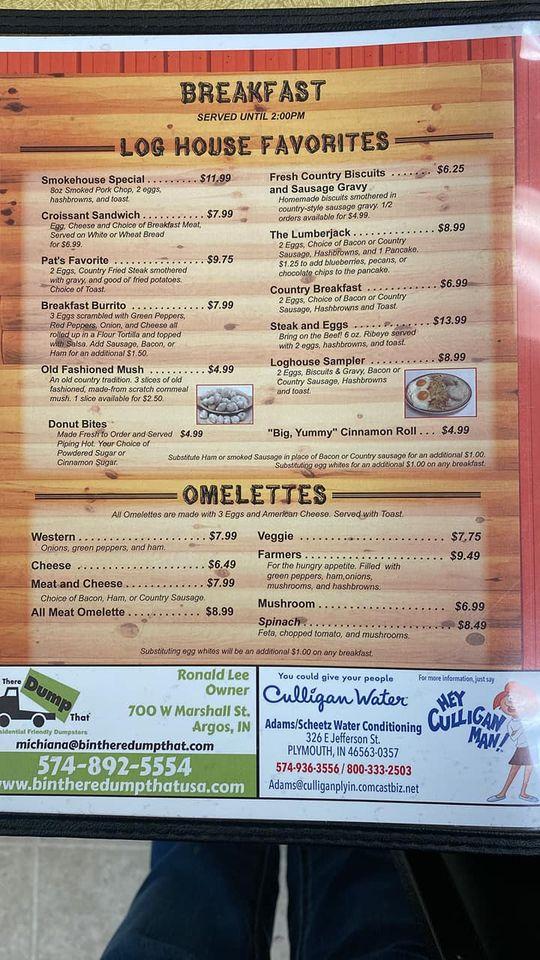 Menu at Log House Restaurant, Argos, 101 N Michigan St