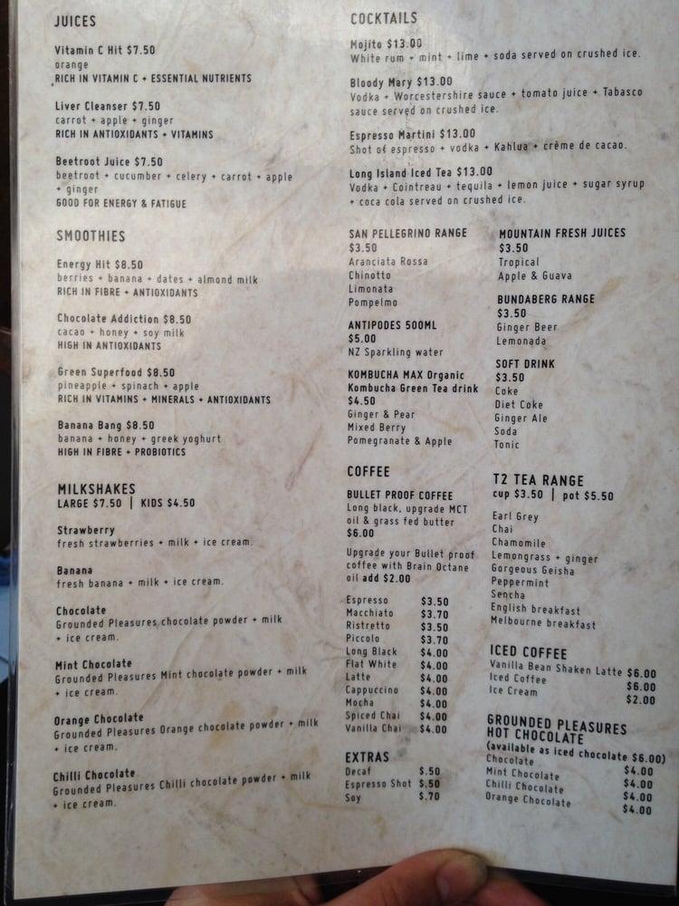 Carta del café motherduck, Goolwa